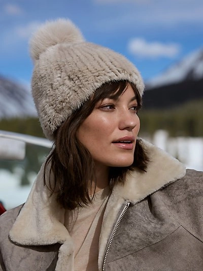 Overland Knitted Mink Fur Beanie Hat With Fox Fur Pom - Greige