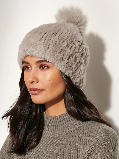 Overland Knitted Mink Fur Beanie Hat With Fox Fur Pom - Greige