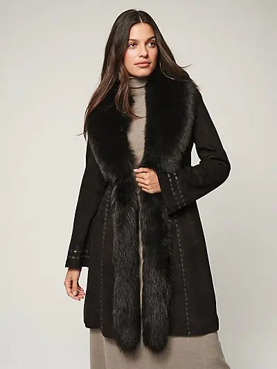 Overland Felicity Suede Leather Coat With Fox Fur Trim - Black/black