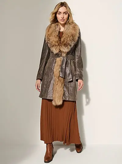 Overland Felicity Lambskin Leather Coat With Asiatic Raccoon Fur Trim - Rust/natural