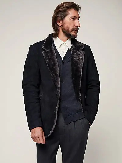 Overland Austin Suede Leather Blazer With Shearling Lining - Navy/grey