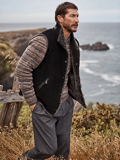Overland August Suede Leather Vest With Shearling Lining - Black/grey