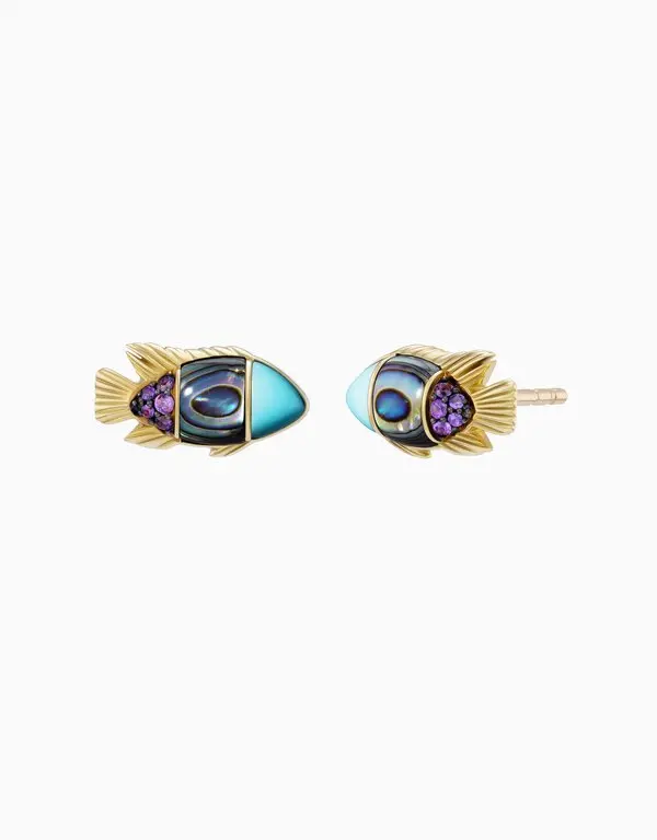 EMILY P. WHEELER Fish Stud Earrings With Abalone, Turquoise, And Sapphires In 18k Yellow Gold - One-color