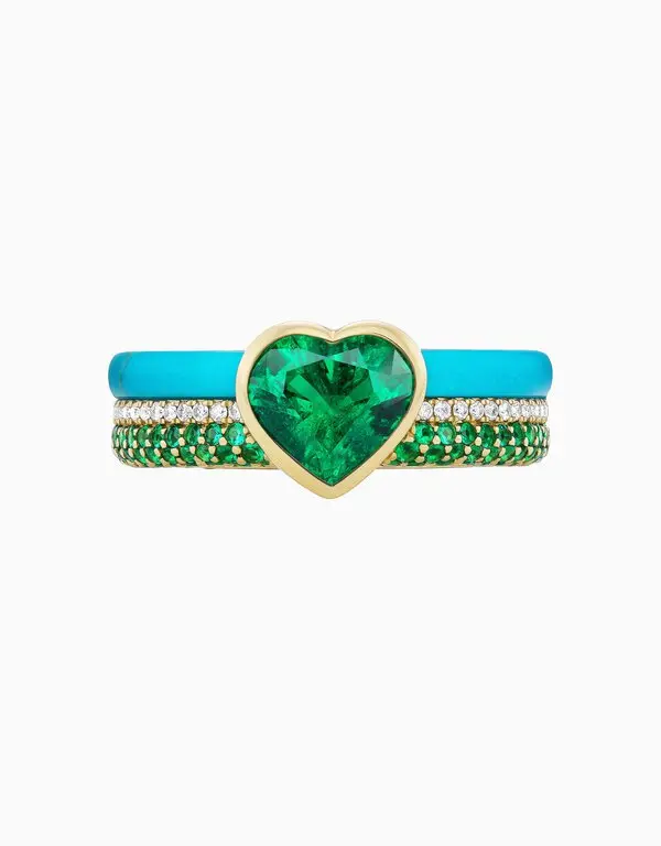 EMILY P. WHEELER Stacked Ring With Emerald, Diamond, And Turquoise - One-color