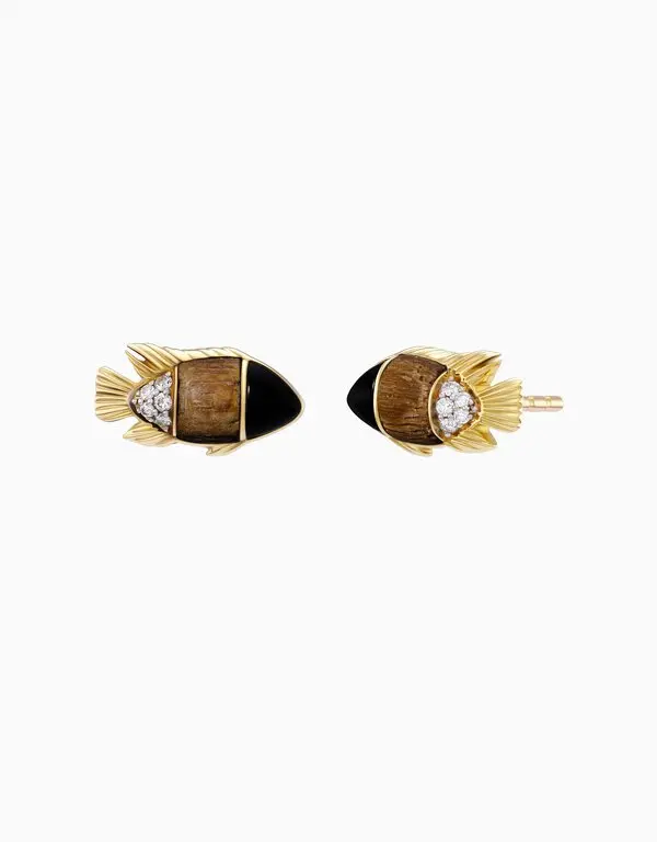 EMILY P. WHEELER Fish Stud Earrings In 18k Yellow Gold With Diamond, Sandalwood, And Onyx - One-color