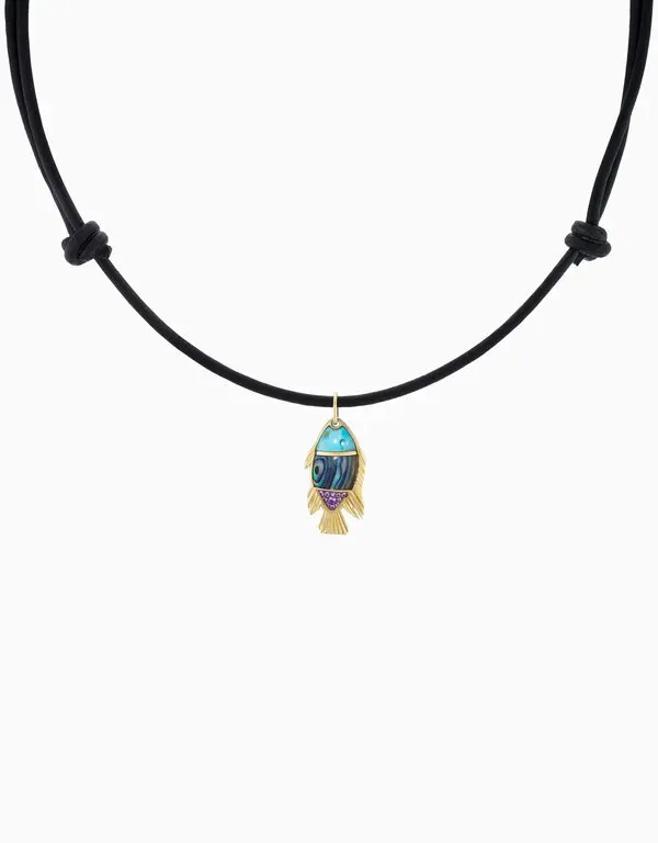 EMILY P. WHEELER Yellow Gold Fish Pendant Necklace With Turquoise And Abalone
