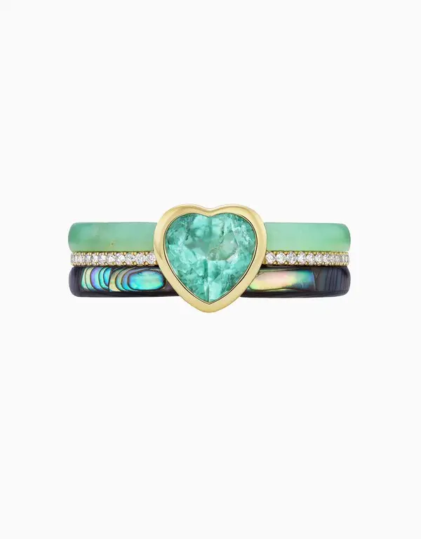 EMILY P. WHEELER Stacked Heart Ring With Emerald, Diamond, Abalone, And Chrysoprase In 18k Yellow Gold - One-color