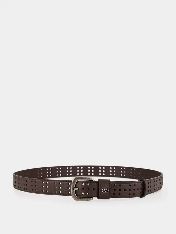 Valentino Garavani Mini Vlogo Signature Perforated Leather Belt - Brown