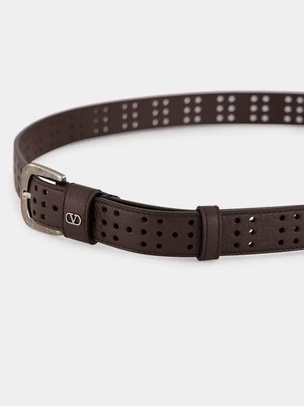 Valentino Garavani Mini Vlogo Signature Perforated Leather Belt - Brown
