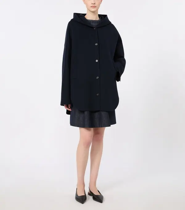 Max Mara Virgin Wool Hooded Coat - Navy