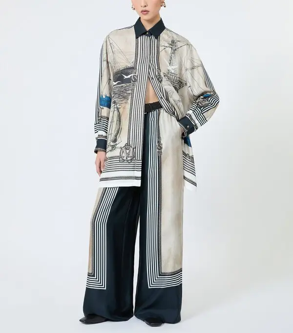 Max Mara Printed Silk Wide-leg Trousers - Navy