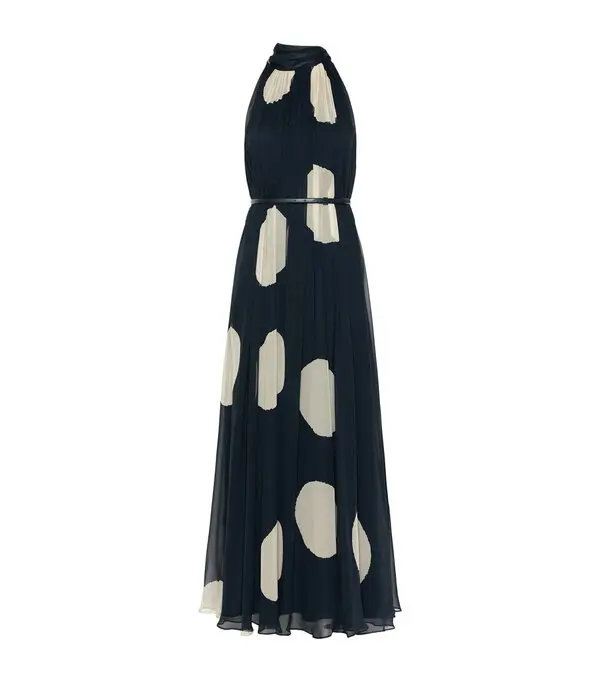 Max Mara Silk Polka Dot Belted Maxi Dress - Navy