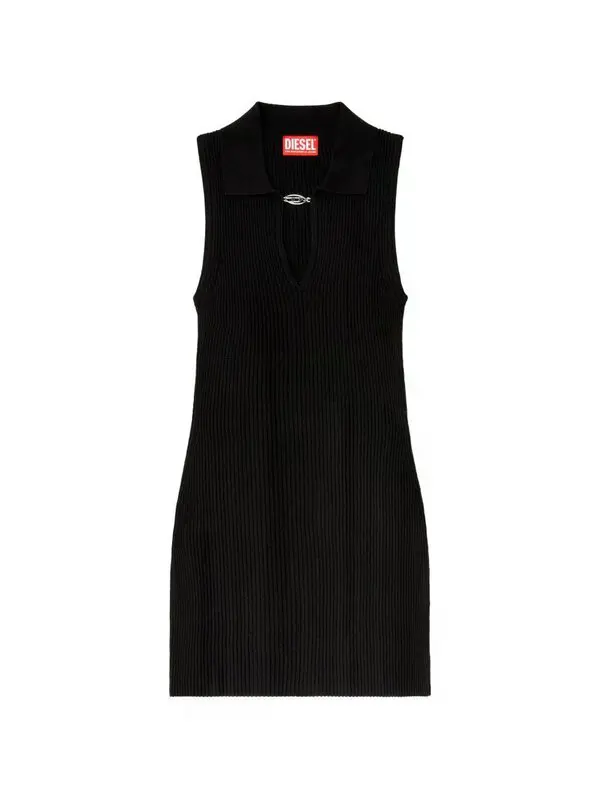 DIESEL® Rib-knitted Mini Dress With Oval D Plaque - Black