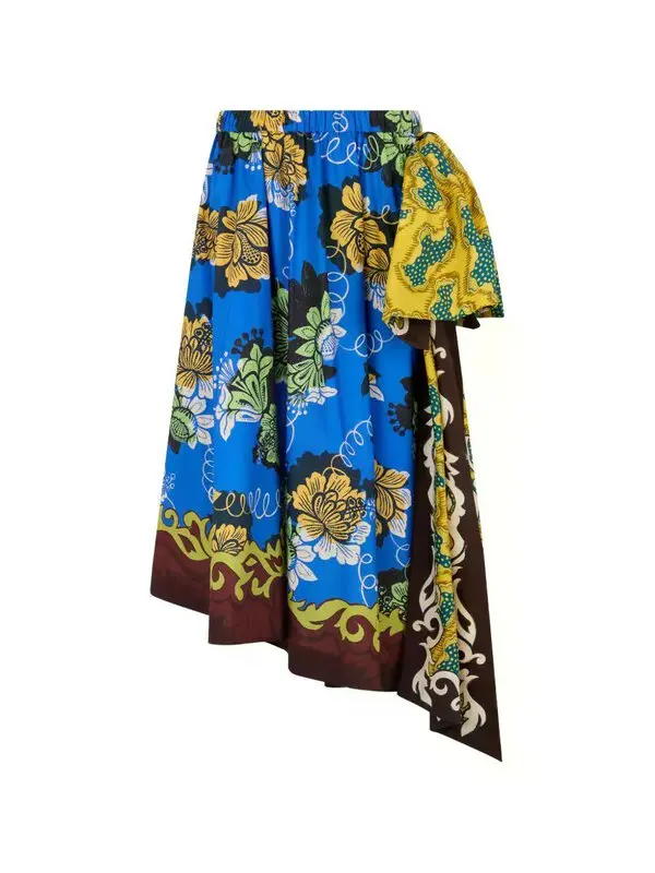 ALEMAIS Asymmetric Floral Print Midi Skirt - Blue