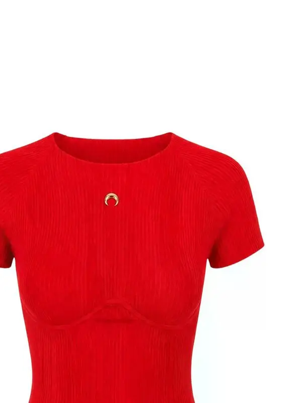 MARINE SERRE Ribbed Knit Moon Plaque Top - Red