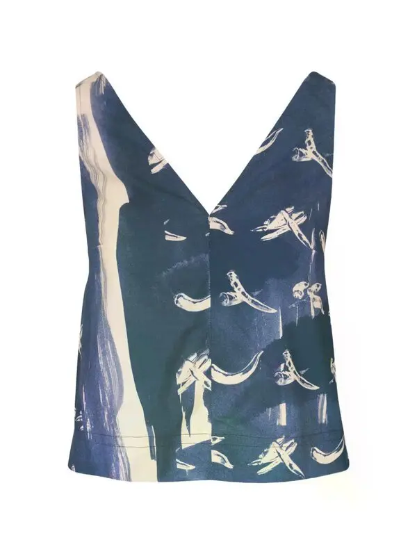 ODEEH Sleeveless V-neck Cotton Blouse - Blue