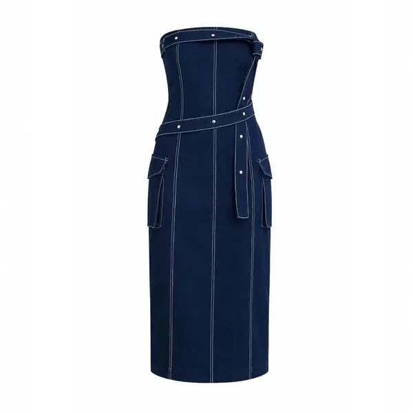 LUROQ LONDON Strapless Belted Midi Dress In Indigo Denim