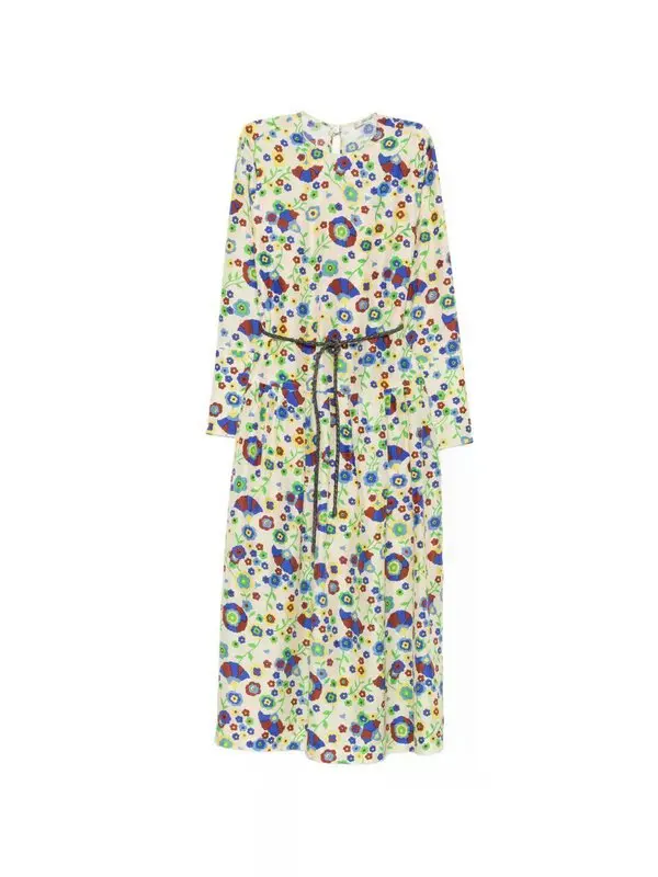 ODEEH Pale Yellow Floral Print Midi Dress - Neutrals