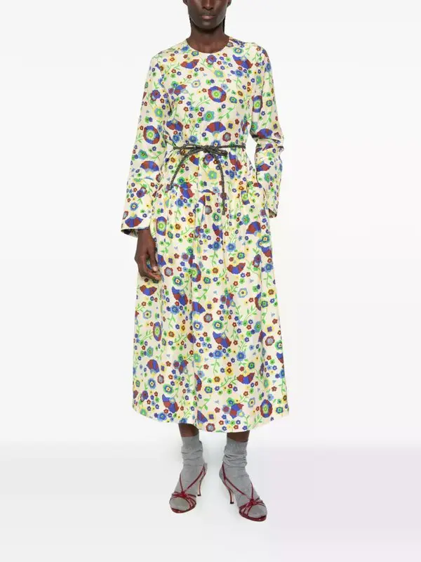 ODEEH Pale Yellow Floral Print Midi Dress