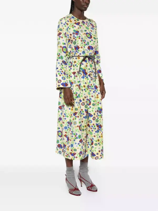 ODEEH Pale Yellow Floral Print Midi Dress
