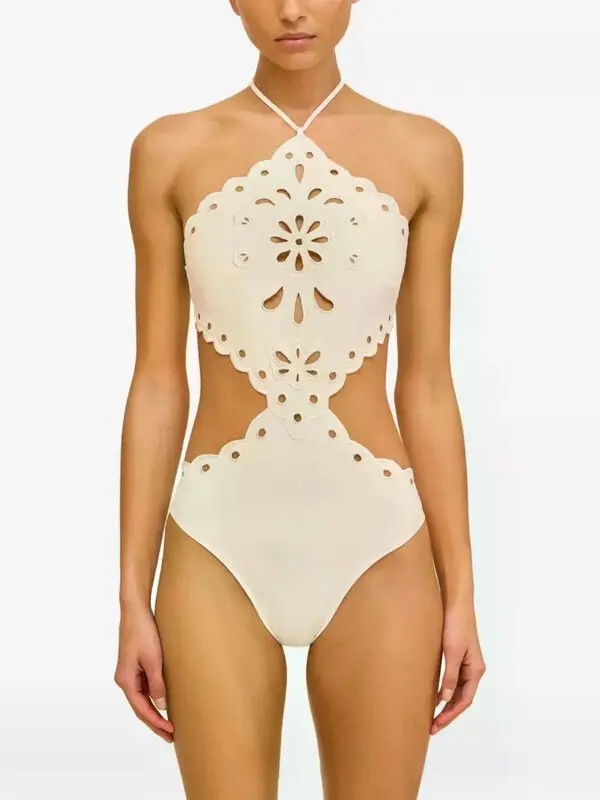 Cult Gaia Laidie Broderie Anglaise Halterneck Swimsuit - White