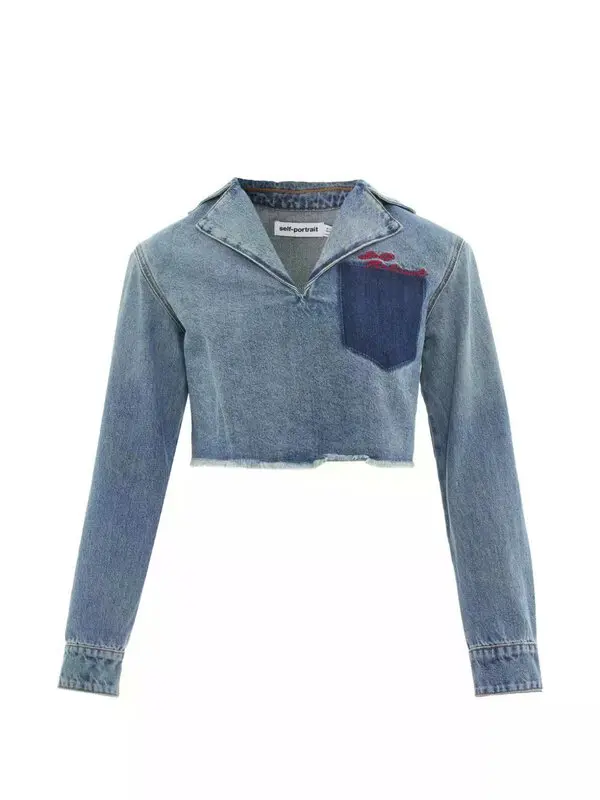 SELF-PORTRAIT Cropped Denim Top With Frayed Hem