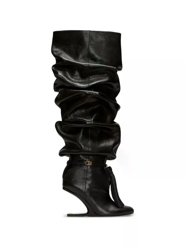 Balmain Textured Leather Thigh-high Boots With Tassel - Black