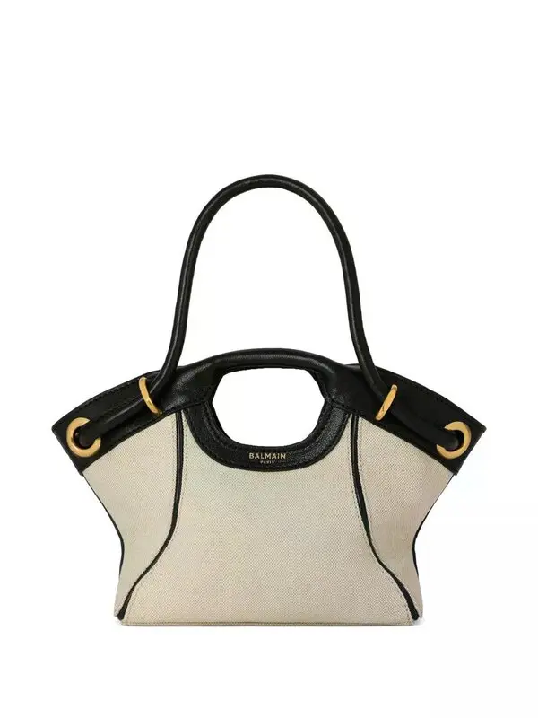 Balmain Small Tote In Smooth Leather And Canvas - Neutrals
