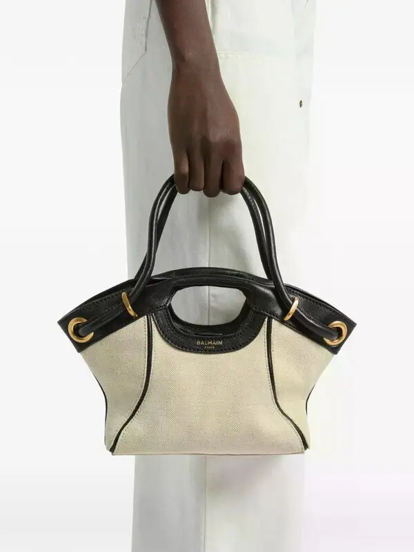 Balmain Small Tote In Smooth Leather And Canvas - Neutrals