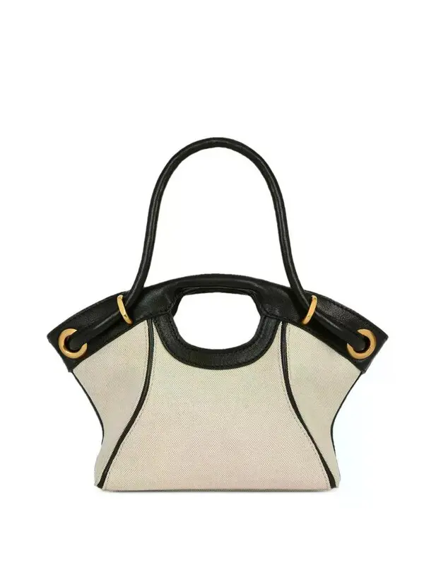 Balmain Small Tote In Smooth Leather And Canvas - Neutrals