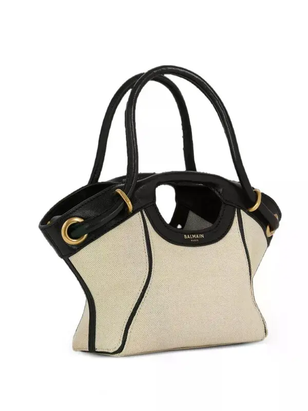 Balmain Small Tote In Smooth Leather And Canvas - Neutrals