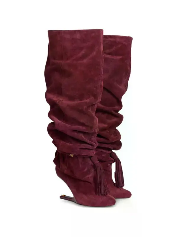 Balmain Suede Leather Thigh-high Boots With Tassel And Gold Buckle