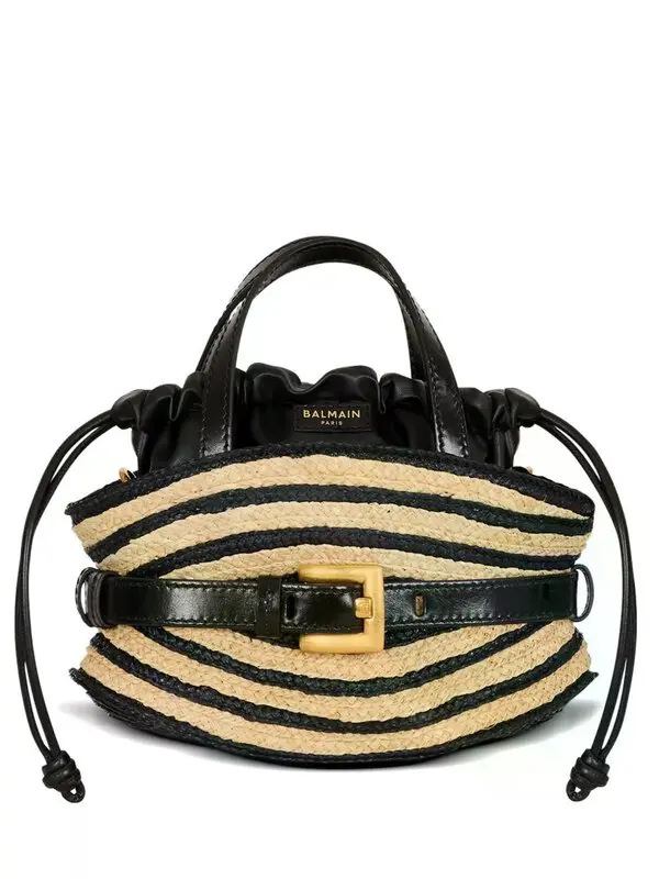 Balmain Mini Shuffle Bag In Smooth Leather And Raffia - Neutrals
