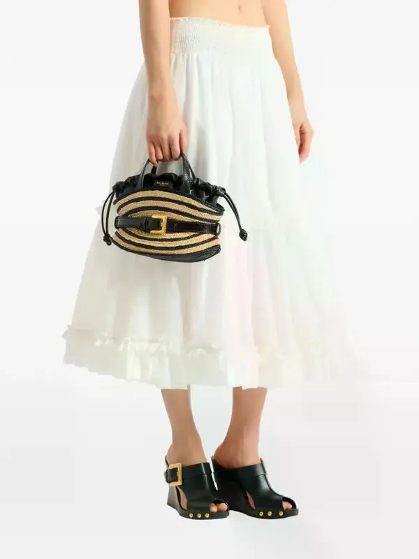 Balmain Mini Shuffle Bag In Smooth Leather And Raffia - Neutrals