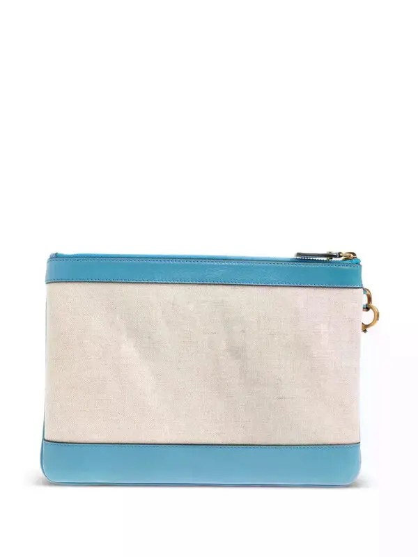 Versace Canvas Textured Leather Trimmed Medusa Clutch Bag - Neutrals