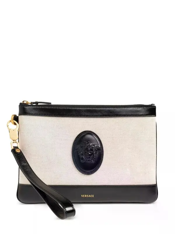 Versace Canvas Texture Leather Trim Rivière Clutch Bag - Neutrals