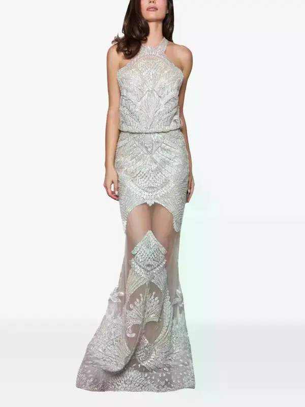 IMROSKA Embellished Feather-trim Halterneck Dress