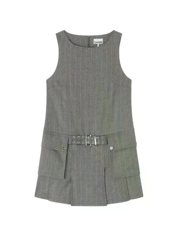 GANNI Pinstripe Pattern Belted Midi Dress