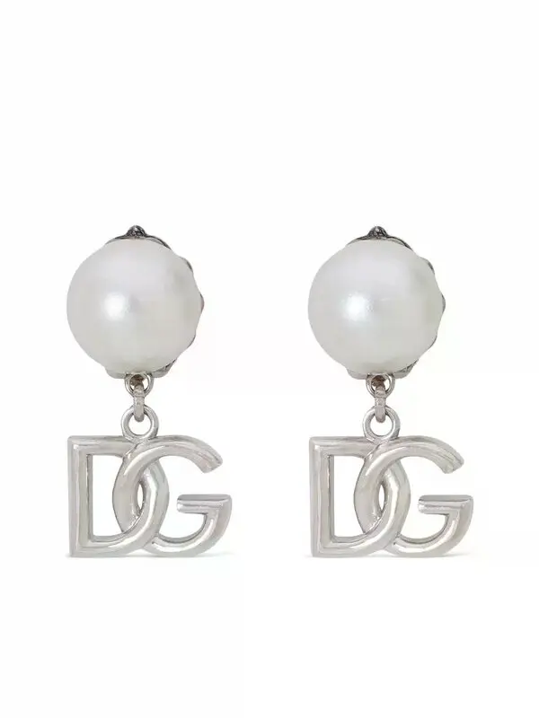 Dolce & Gabbana Dg Logo Pearl Embellished Drop Earrings - Silver