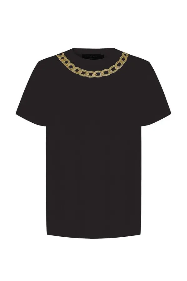 EXQUISE Cotton Jersey T-shirt With Gold Embroidery