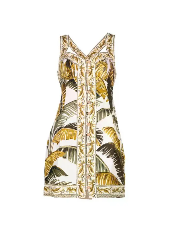 Farm Rio Leaf Print Sweetheart Neck Mini Dress