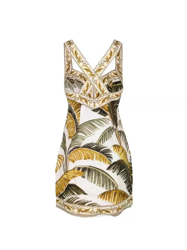 Farm Rio Leaf Print Sweetheart Neck Mini Dress