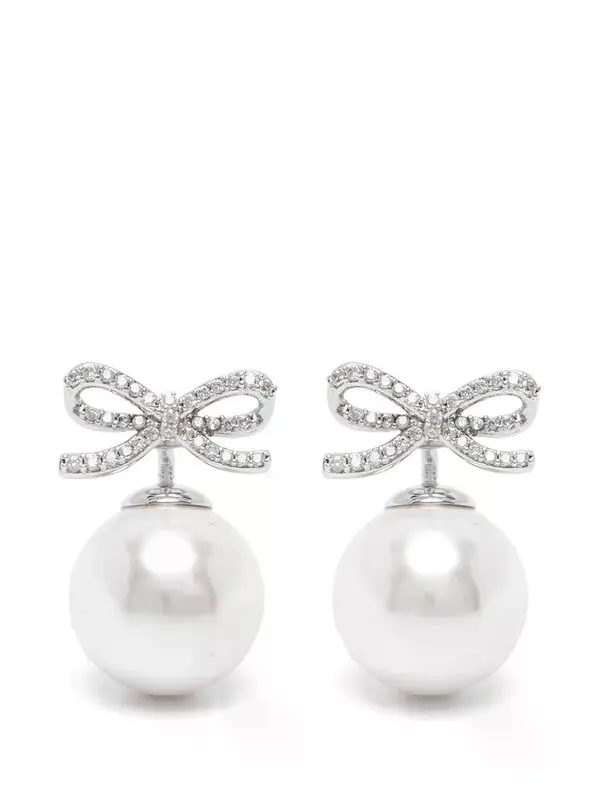 SELF-PORTRAIT Crystal Embellished Bow Pearl Earrings - Silver