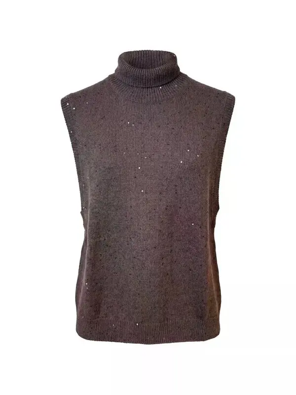 Brunello Cucinelli Sequin Embellished Roll Neck Sleeveless Sweater - Brown