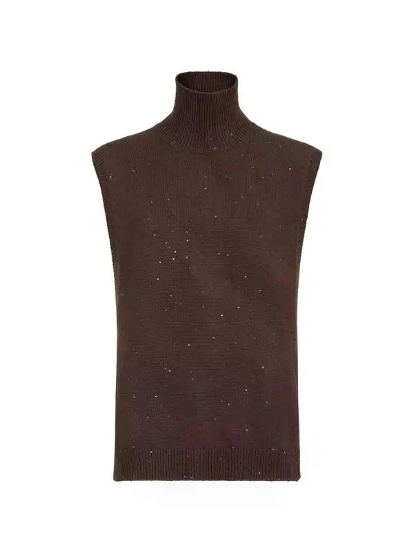 Brunello Cucinelli Sequin Embellished Roll Neck Sleeveless Sweater - Brown