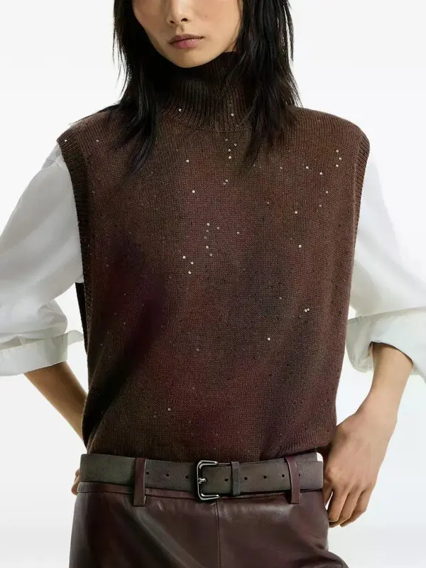 Brunello Cucinelli Sequin Embellished Roll Neck Sleeveless Sweater - Brown