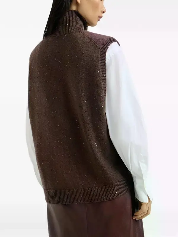Brunello Cucinelli Sequin Embellished Roll Neck Sleeveless Sweater - Brown