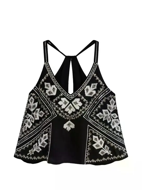 PAHIESA FORMENTERA Embellished Embroidered Top - Black