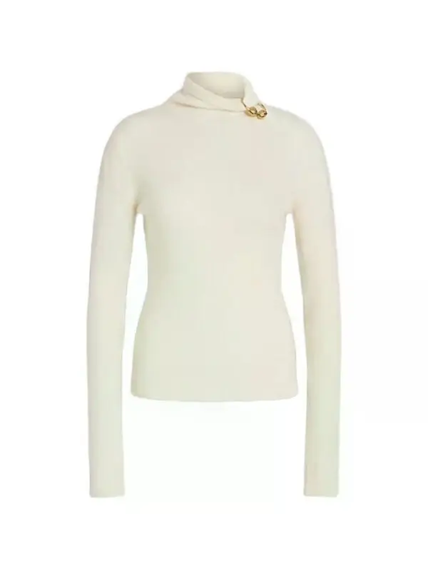 Alberta Ferretti Ribbed-knit Sweater With Gold-tone Brooch Detail - Neutrals