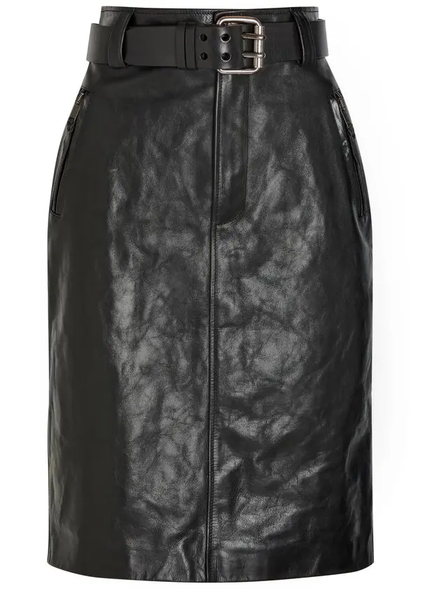 Saint Laurent Belted Leather Midi Skirt